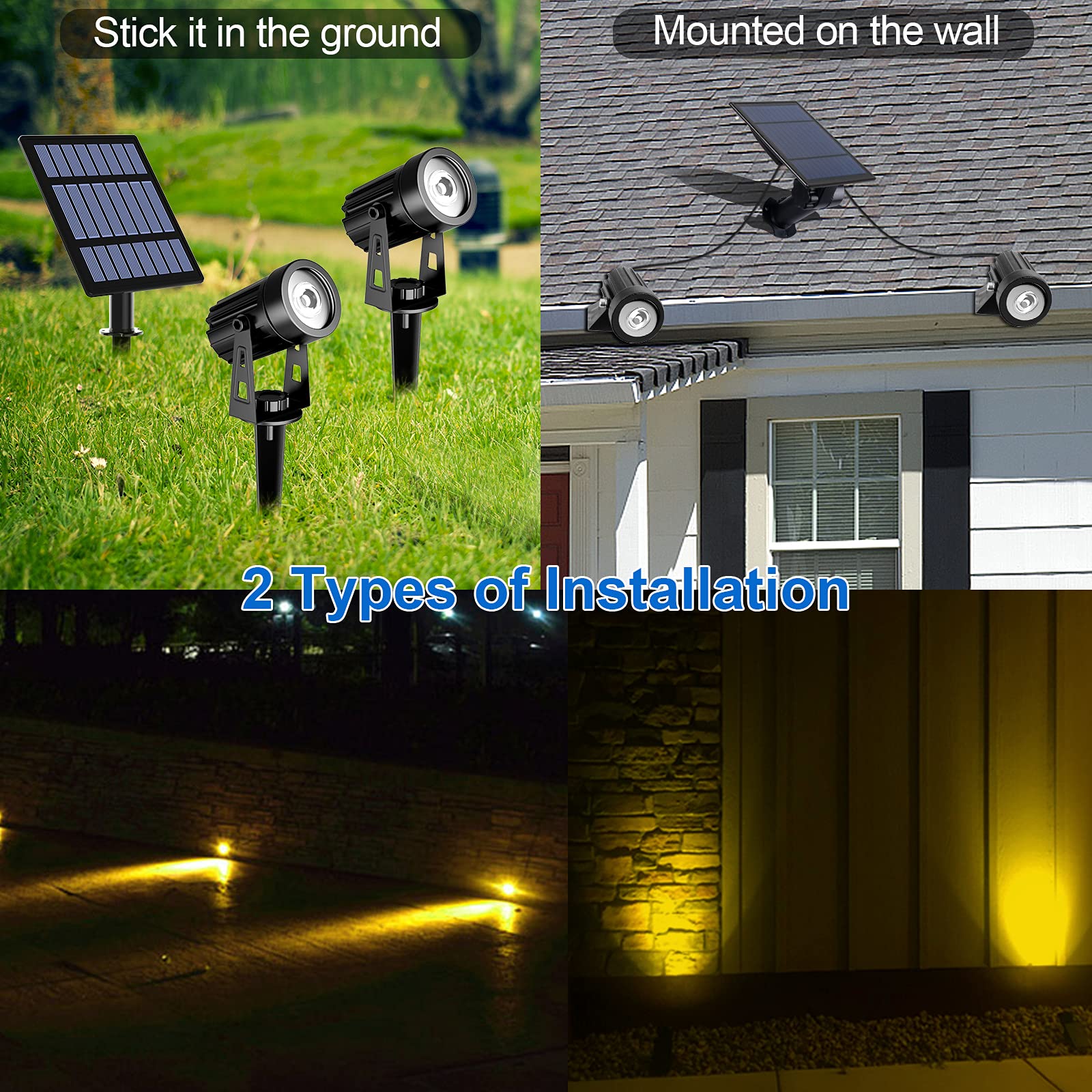 T-SUN Solar Spotlights 2W Outdoor LED Landscape Spot Light, 2-in-1 Waterproof Solar Powered Wall Lights Auto ON/Off with Dual Headlamp for Garden, Yard, Pathway(Warm White)