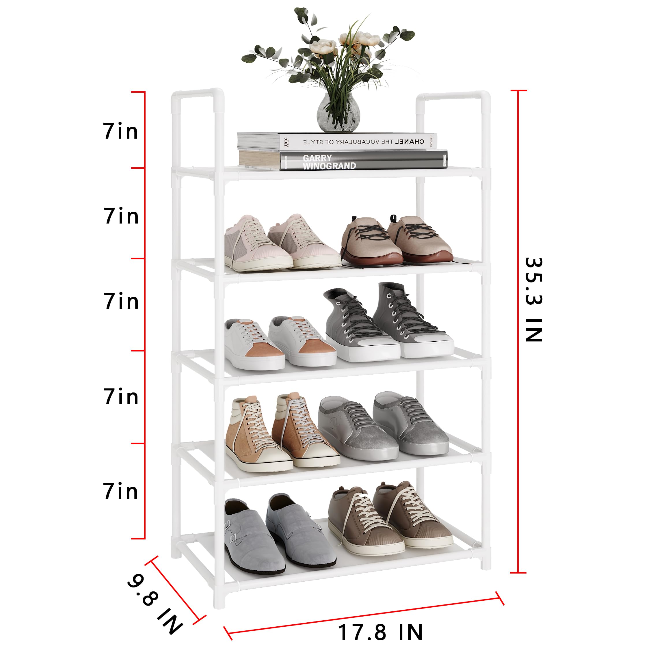 COAPUKT 5-Tier Small Shoe Rack, Narrow Kids Shoe Rack Stackable Organizer Storage,Sturdy Shoe Stand For Closet Entryway Hallway(5 Tiers-White)