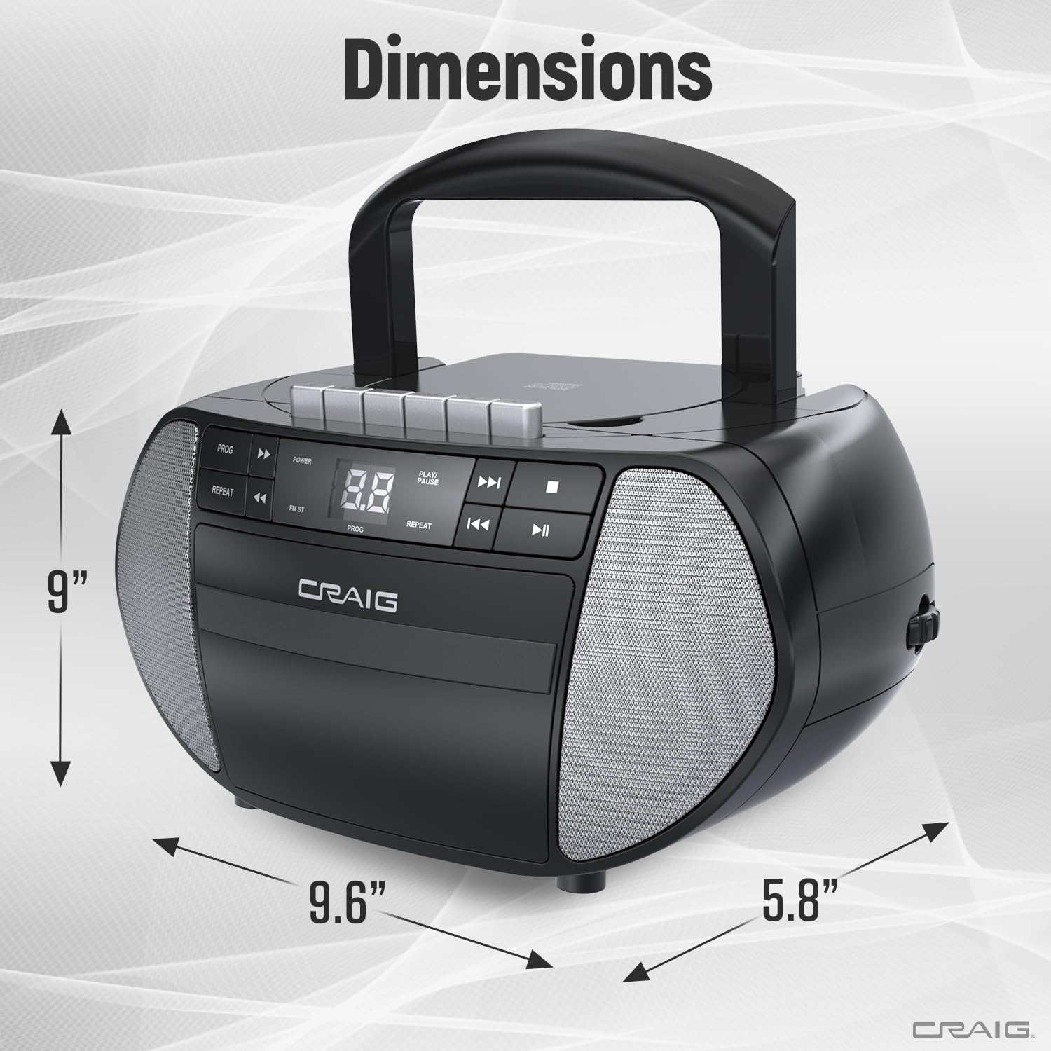Craig Portable Top-Loading CD Boombox with AM/FM Stereo Radio and Cassette Player/Recorder in Black | Cassette Player/Recorder | LED Display (Black/Gray)