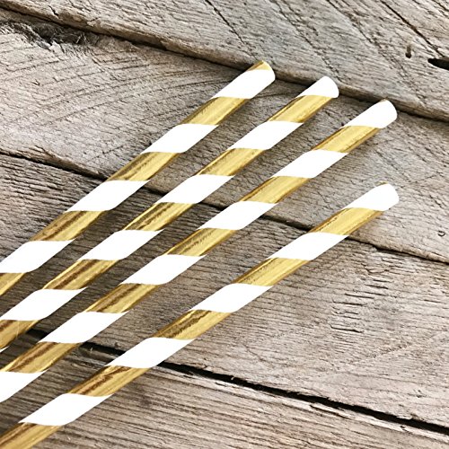 Gold Foil Paper Straws - Striped - Valentine - Wedding Party Supply - 7.75 Inches - 100 Pack - Outside the Box Papers Brand