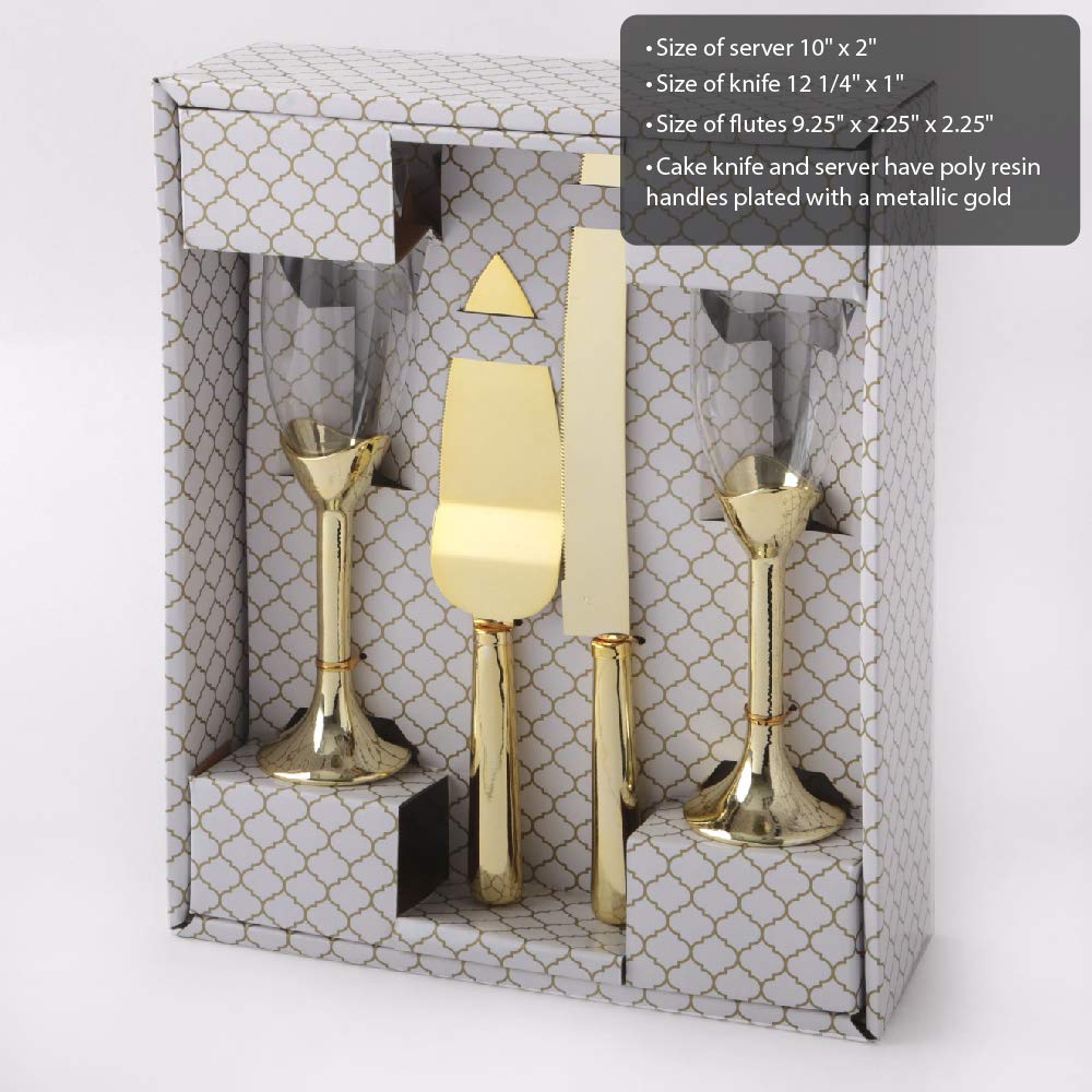 FASHIONCRAFT Elegant Glasses with Cake Knife and Server 4 Piece Set, Gold