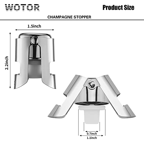 WOTOR Champagne Stoppers with Stainless Steel Champagne Bottle Stopper with Food Grade Silicone Reusable Champagne Cork, Saver Suitable for Champagne, Cava, Prosecco, Sparkling Wine (Silver, 2pack)
