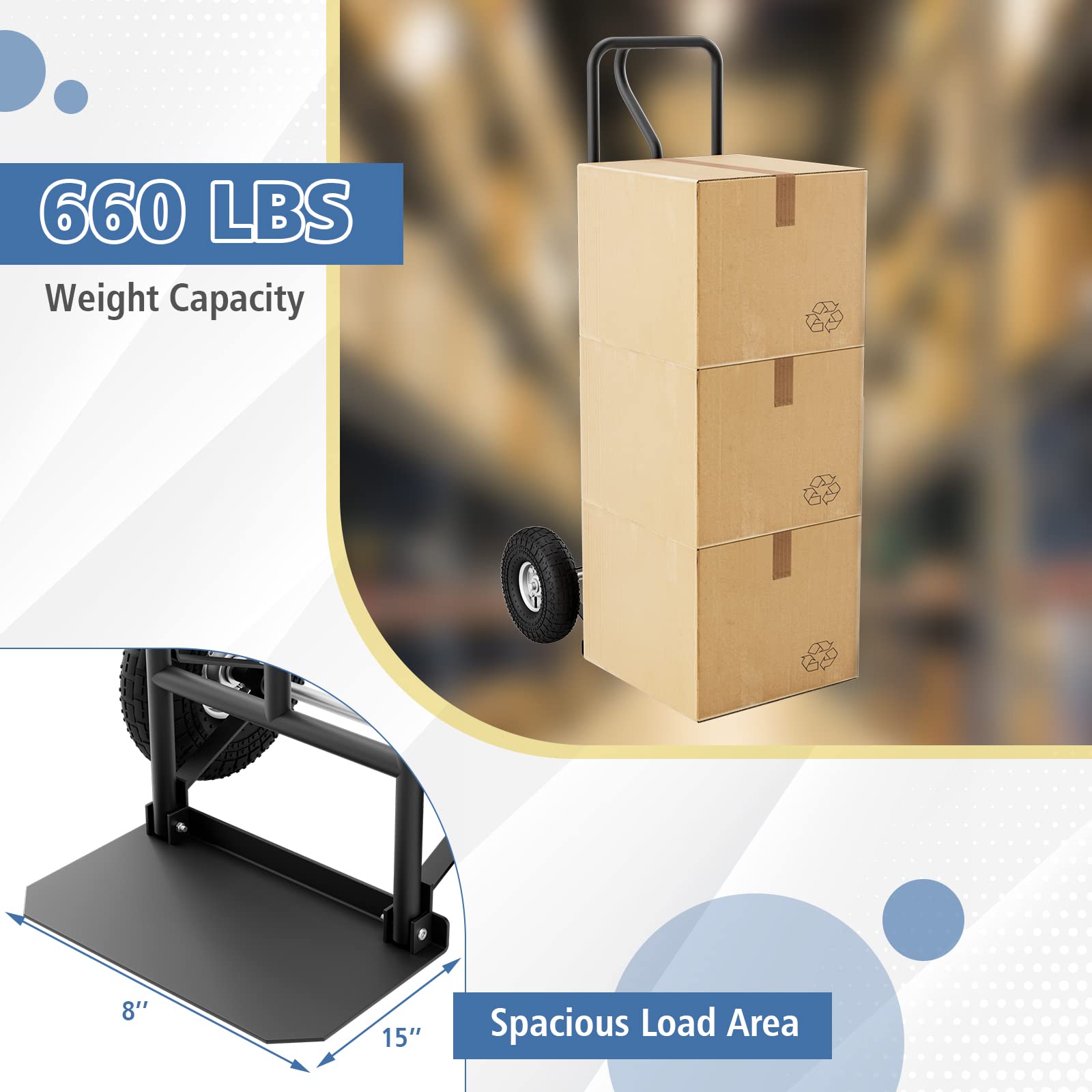 Goplus Hand Truck, P-Handle Hand Truck Dolly w/Vertical Loop Handle, 10β Pneumatic Rubber Wheels, 15βx 8β Foldable Nose Plate, 660LBS Capacity, Heavy Duty Metal Dolly Cart for Lifting, Stairs (Black)