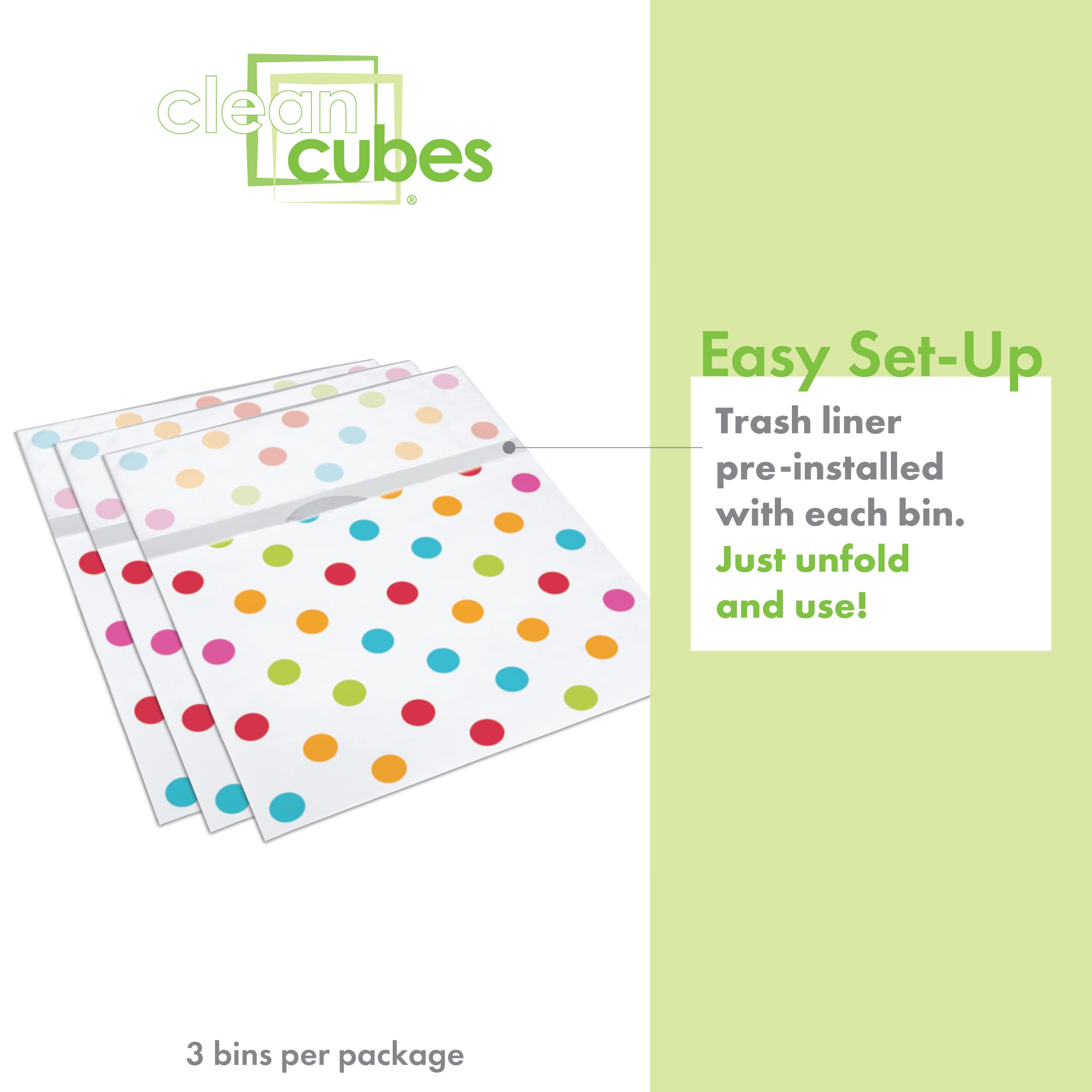 Clean Cubes 13 Gallon Disposable Trash Cans (3-Pack). Reusable Garbage and Recycling Bins for Parties, Events, and More (Polka Dot - 18" Tall x 14" Wide 10" Deep)
