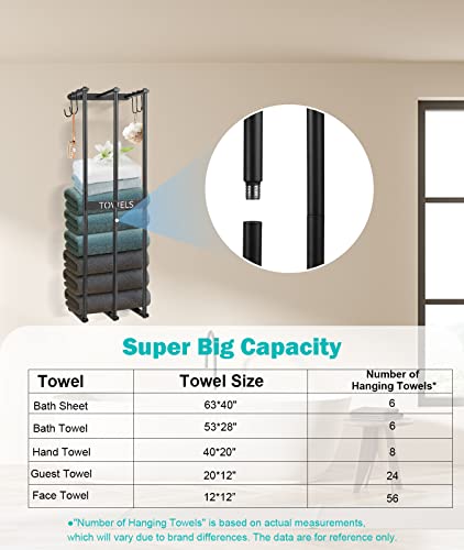 KOCWELL Towel Racks for Bathroom Wall Mounted, 3 Bar Bathroom Towel Holder with Extra 4 Suction Cups and 5 Hooks, Bathroom Towel Storage, Metal Bath Towel Holder for Large Towel Washcloths, Black