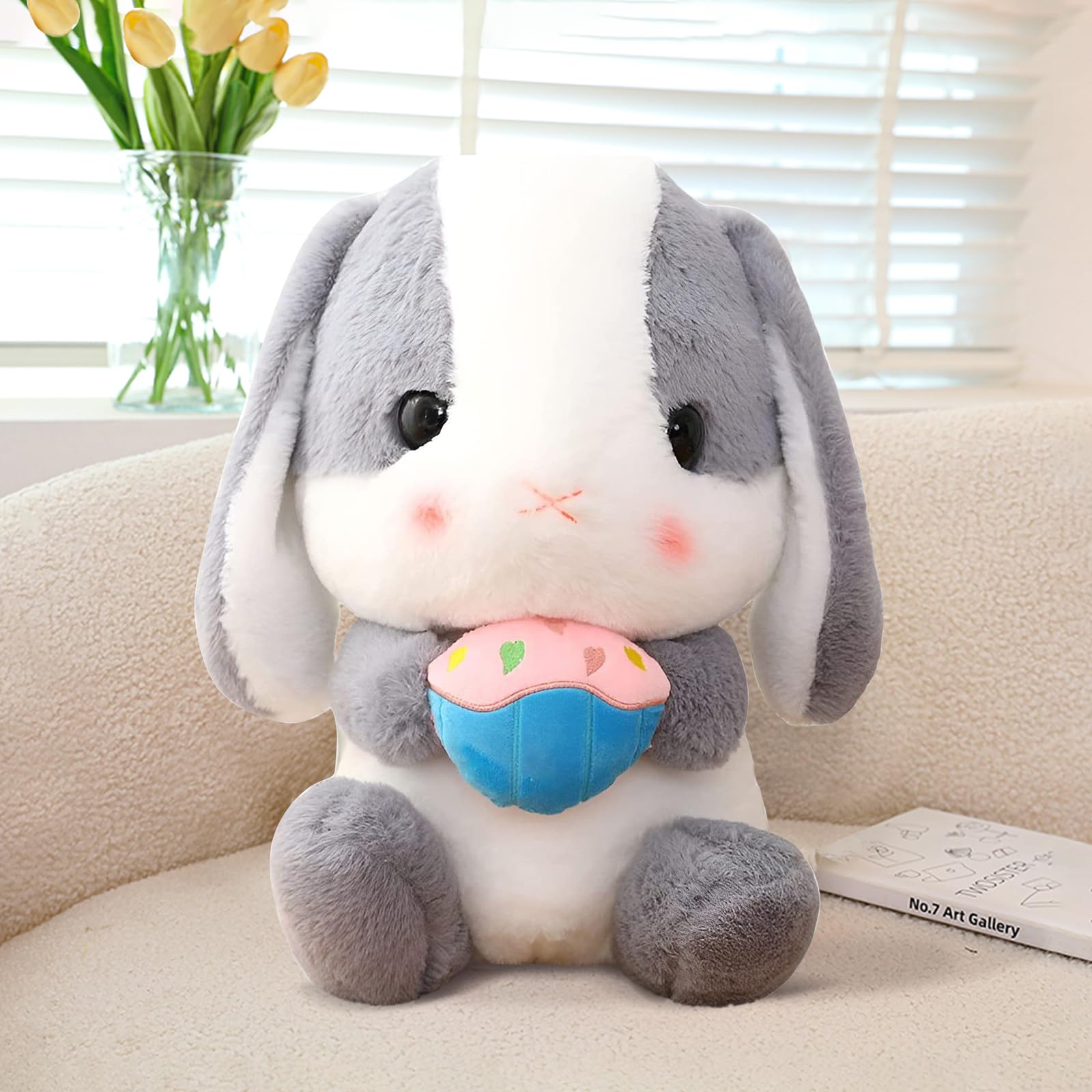 Enhopty Bunny Stuffed Animal Easter Eared Rabbit Plush Cuddly White Bunny Plushie Toy with Carrot Fluffy Kawaii Soft Hugging Sleeping Pillow