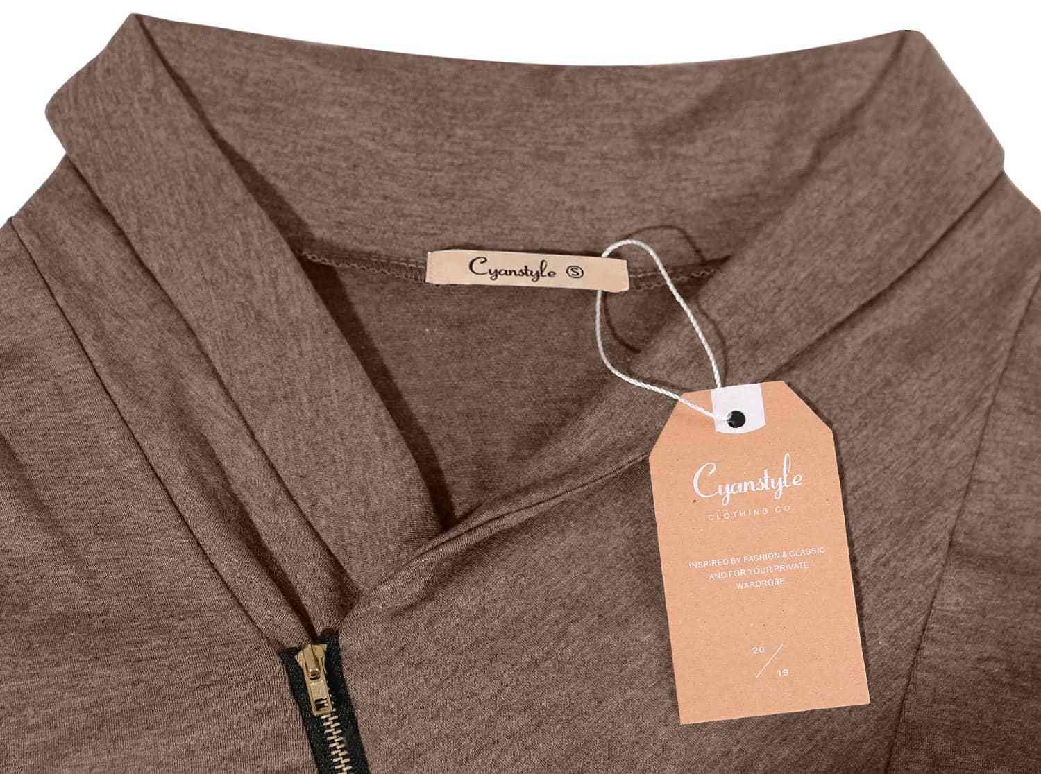 Cyanstyle Womens Casual Long Sleeve Cowl Neck Zip Lightweight Pullover Tunic Sweatshirt Tops Brown Small