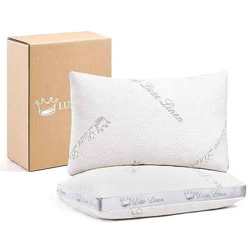Luxe Linen Standard Pillows Set of 2, Shredded Memory Foam Pillows, Adjustable Bed Pillow for Sleeping, 18"x26"Organic Cotton Bed Pillows for Side, Back, Stomach Sleepers