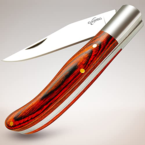 GAJING Well-polished Red Cherry Wood Handle Small Pocket Knife for Women/Men with 3 inches blade,Old Timer's Traditional Barlow Folding Slipjoint EDC Knife