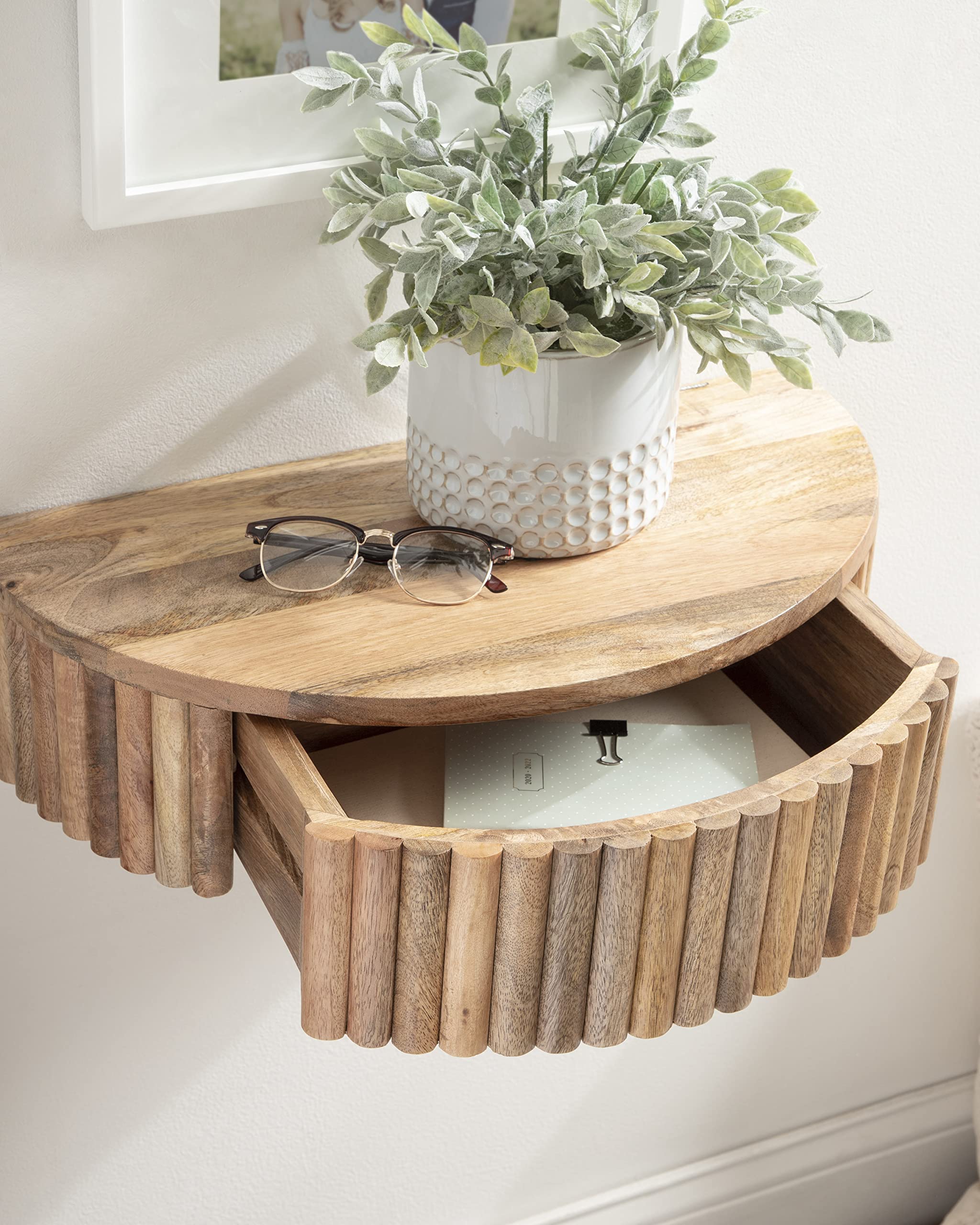 Kate and Laurel Reid Ribbed Wooden Floating Side Table, 20 x 11 x 6, Black, Modern Wood Floating Nightstand with Drawer for Extra Storage and Added Functionality