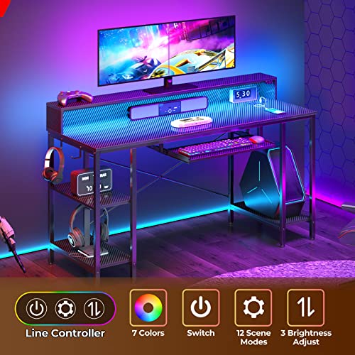 Rolanstar Computer Desk with LED Lights & Power Outlets, 55” Gaming Desk with Storage Shelves, Home Office Desk with Keyboard Tray & Monitor Stand, with Hooks, Carbon Fiber Surface Black