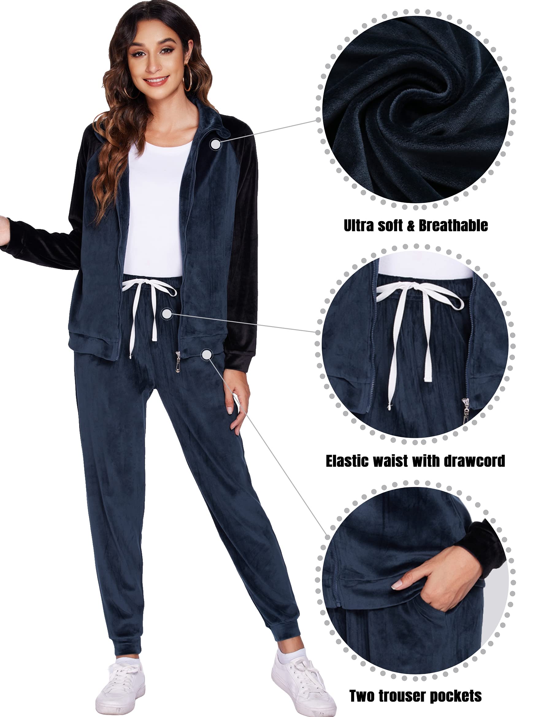 Ekouaer Women's Sweatsuit Set Velour Pocket Tracksuits 2 Piece Sweatshirt & Sweatpants Outfit Navy Blue L