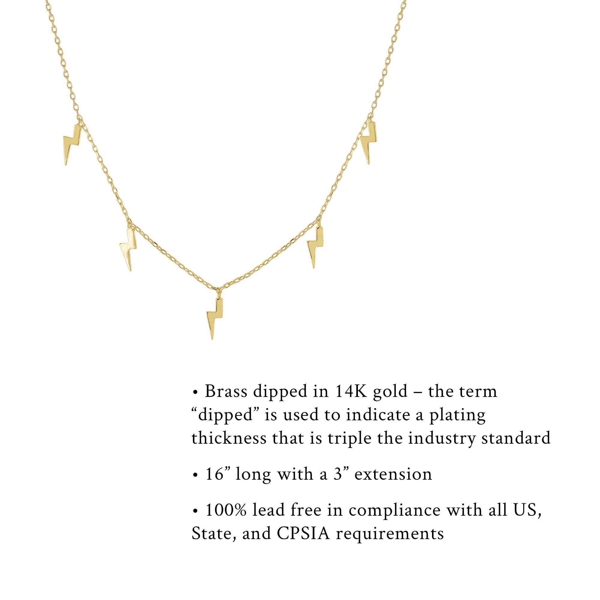 Columbus 14K Gold Plated Charm Necklace - Lightning Bolt Pendant - Star Station Necklace - Dainty Layering Necklace (Gold Lightning)