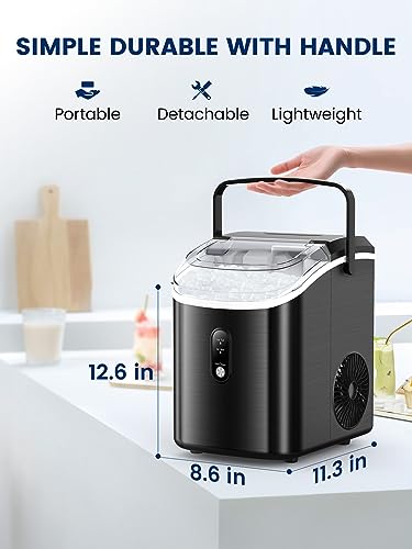Kndko Nugget Ice Maker with Handle,33lbs/Day, Produce a Basket in 1.5 Hour, Self-Cleaning, One-Click Design, Compact Ice Maker Nugget with Chewy Ice for Home Bar Party,Black