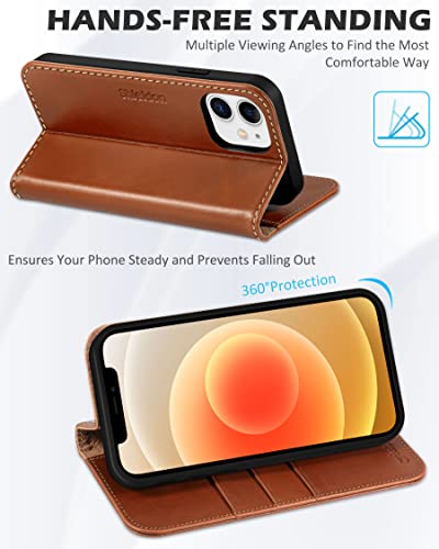 SHIELDON Wallet Case for iPhone 12 5G, Genuine Leather Folio Case Magnetic Shock Absorbing Case RFID Blocking Credit Card Holder Kickstand Compatible with iPhone 12/12 Pro 6.1" - Retro Brown
