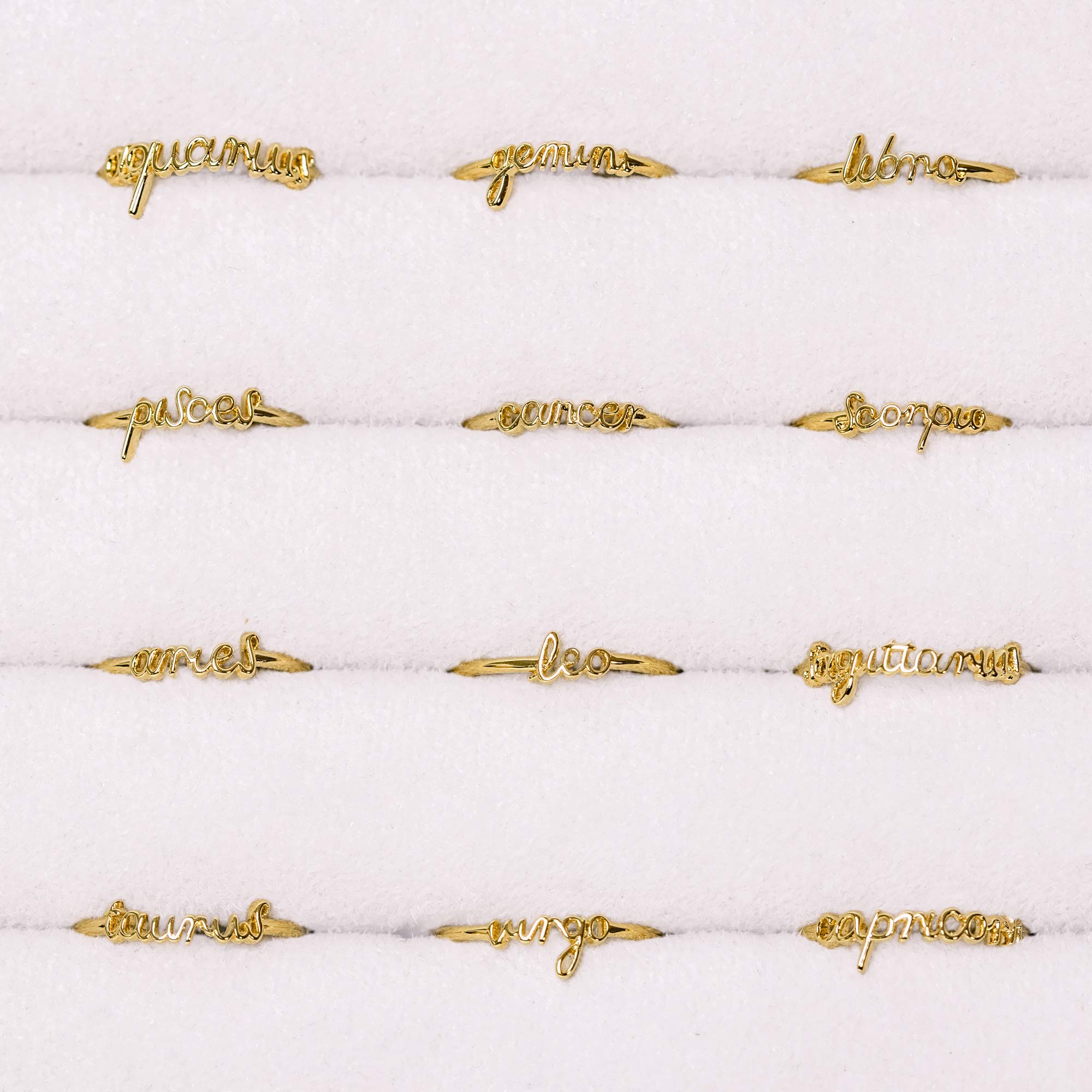 Columbus 14K Gold Plated Zodiac Script Ring - Dainty Everyday Letter Word Stacking Ring - Meaningful Jewelry for Women (Gemini, 7)