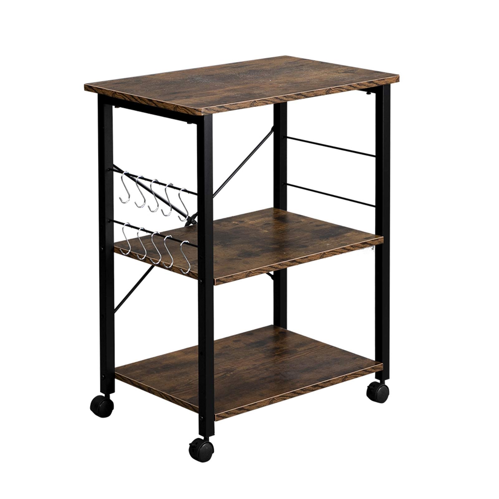 WEI WEI GLOBAL 3-Tier Kitchen Baker’s Rack, Microwave Stand Rolling Serving Cart, Industrial Storage Shelf Organizer w/ 10 Hooks & Wheels-Black Metal Frame, Rustic Brown