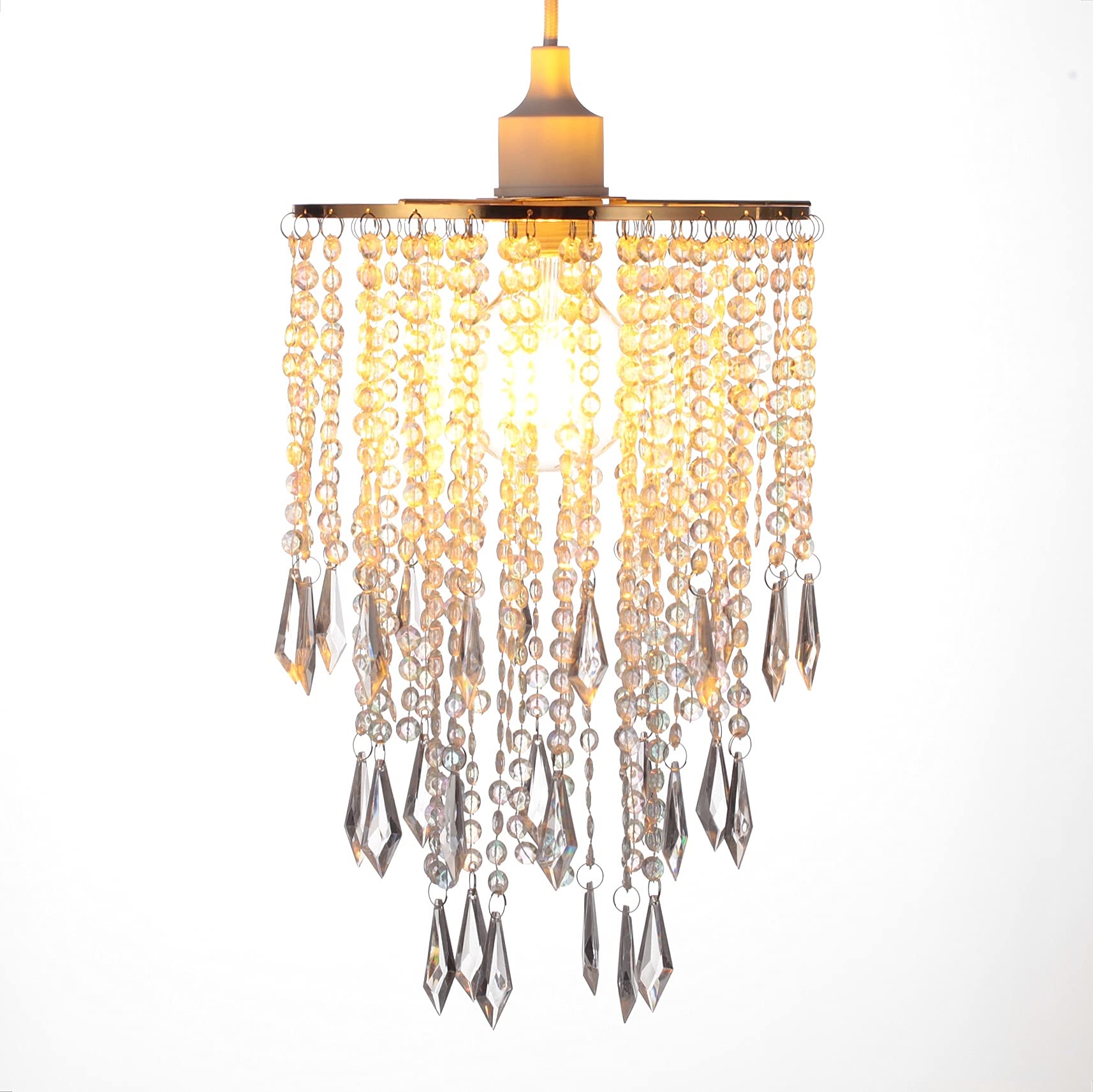 Cioceen Acrylic Chandelier Ceiling Light Shade Beaded Hanging Pendant Lampshade with Gold Frame for Bedroom for Wedding Party H12.9 X W8.7 3 Tiers