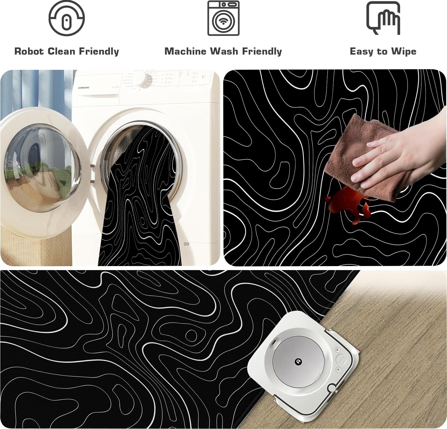 Entryway Rugs Black Topographic Map Non-Slip Washable Indoor Door Mat 2x3 Faux Wool Non-Slip Washable Low-Pile Floor Carpet for Indoor Front Entrance Kitchen Bathroom