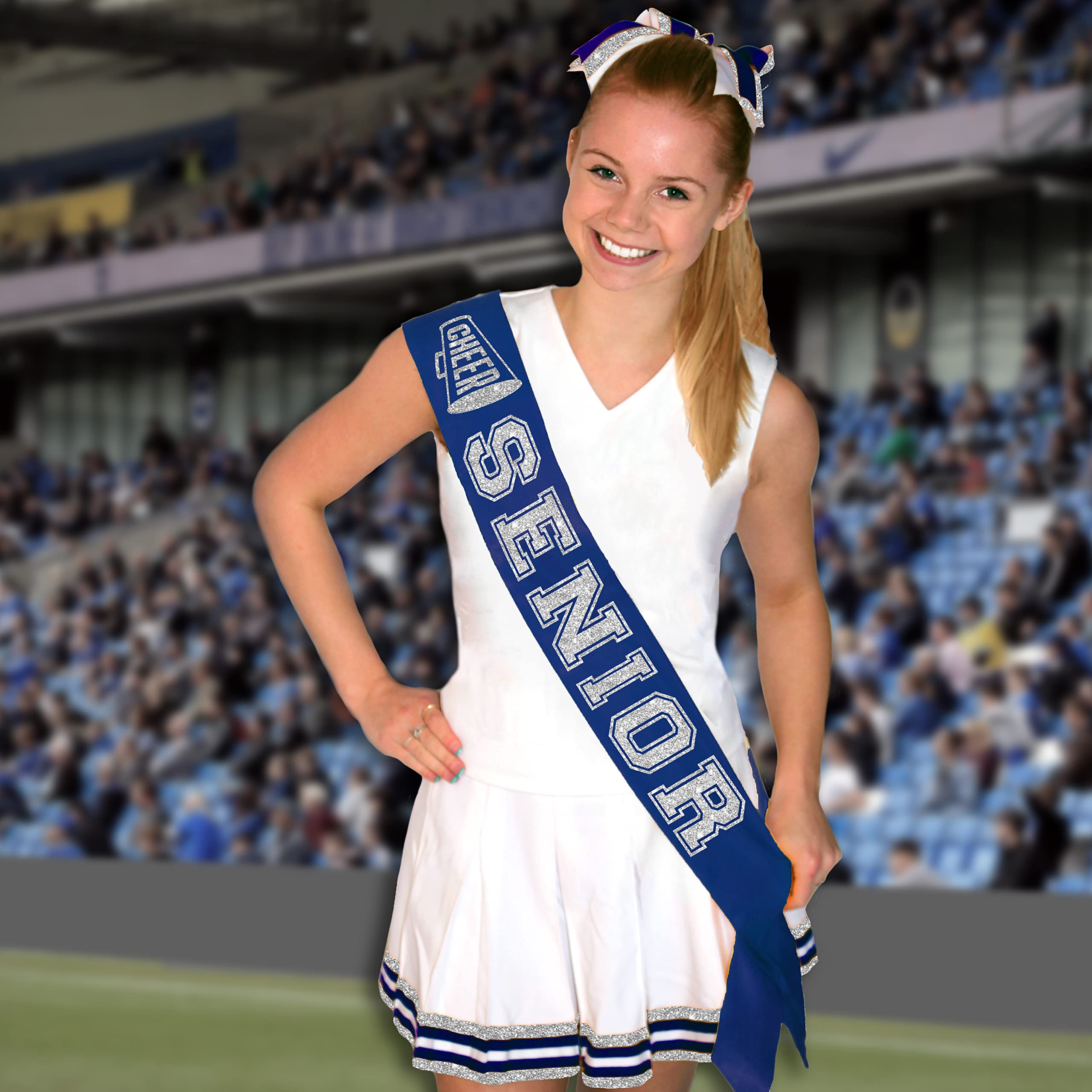 Navy Blue Cheer Senior Sash - Silver Glitter Cheer Senior Navy Blue Premium Grade Satin Sash - Senior Night Supplies for Cheerleaders - Navy Blue Satin (SLV Cheer)