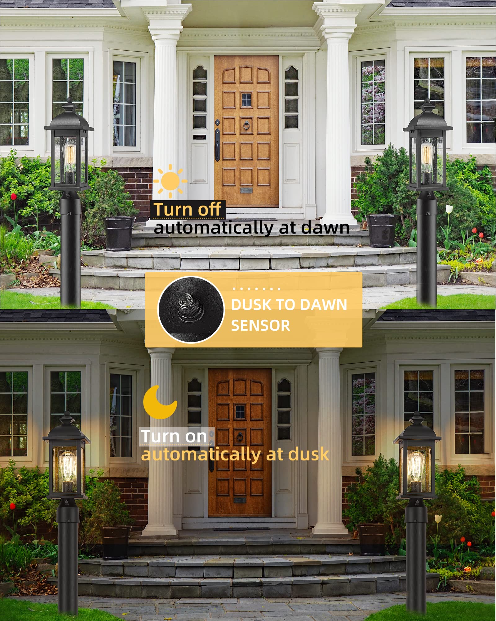 FEMILA Dusk to Dawn Outdoor Post Light, Waterproof Pole Lantern Light Fixture, Exterior Lamp Posts Outdoor Lighting for Garden Patio Yard Pathway Driveway, Clear Glass Panel, 4FD54P-PC BK