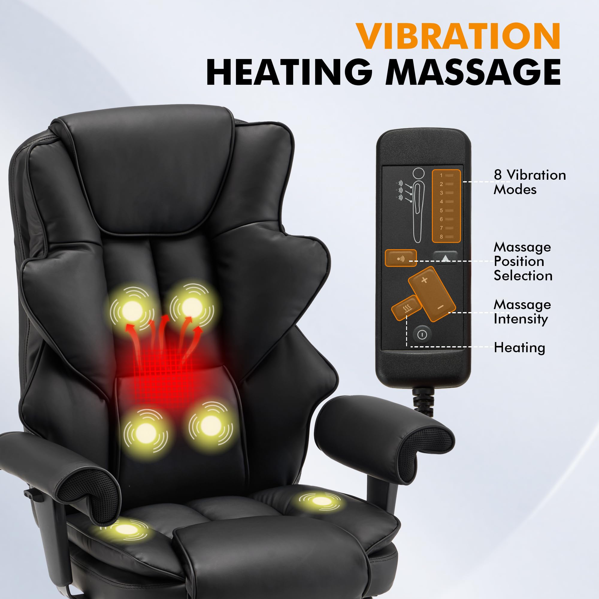 HOMREST 6-Point Massage Office Chair,Heating Executive Chair,Ergonomic Home Office Desk Chair with Retractable Footrest and Reclining Function,Leather Computer Chair with Adjustable Armrest(Off White)