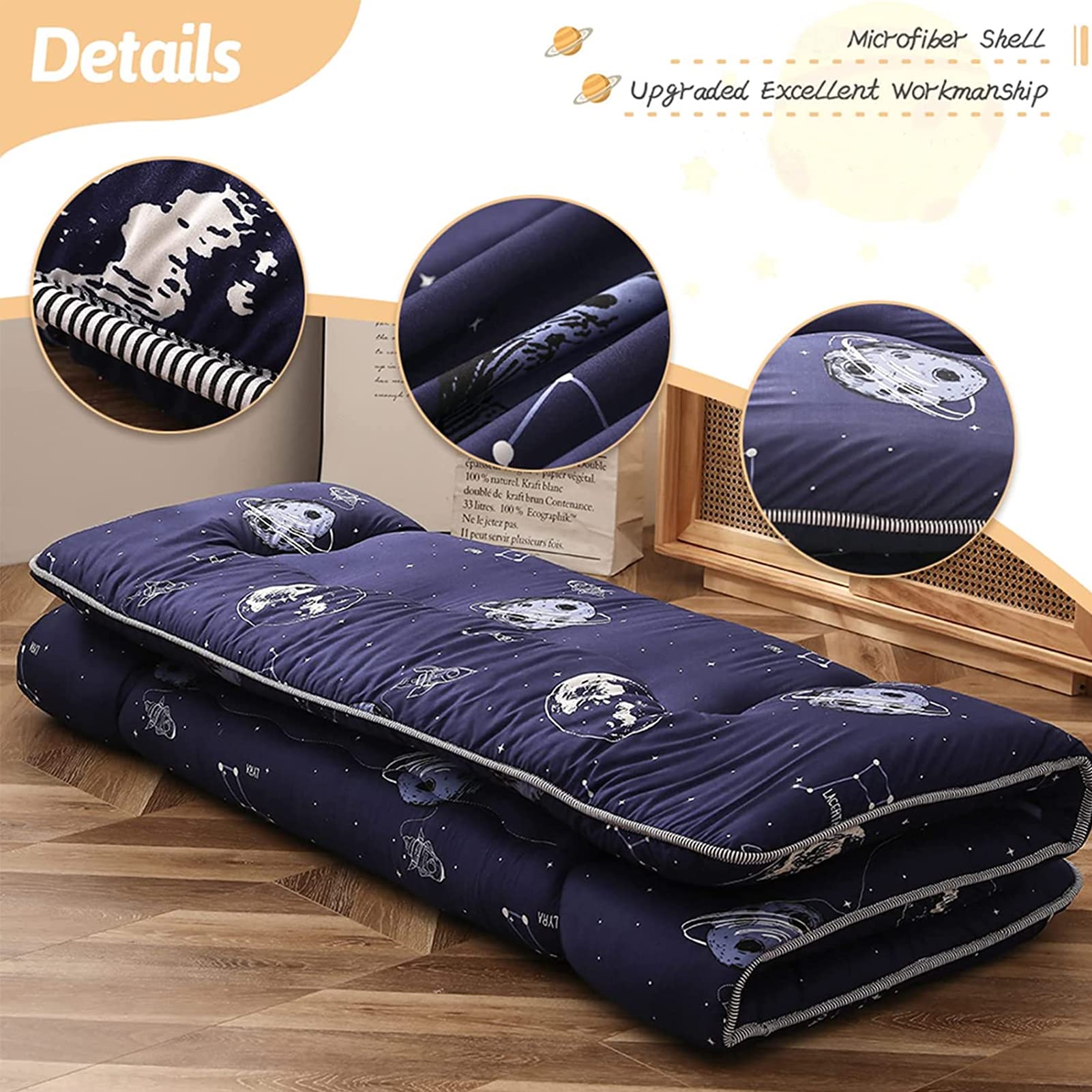 Navy Space Adventure Japanese Floor Futon Mattress, Thicken Tatami Mat Sleeping Pad Foldable Bed Roll Up Mattress Floor Lounger Bed Couches and Sofas for Kids Queen Size