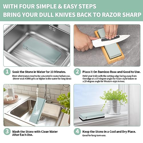 knife sharpening Stone kit, sharpening stone 4 Side Grit 400/1000 3000/8000 Waterstone, Includes Leather Strop, Bamboo Base, Flattening Stone, Slip Rubber Bases, and Angle Guide