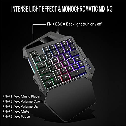 CHUYI One-Handed Ergonomic Gaming Keyboard RGB LED Backlit 35 Keys Portable Mini Professional Single Hand Wired Keypad for Game with Palm Rest (Black)