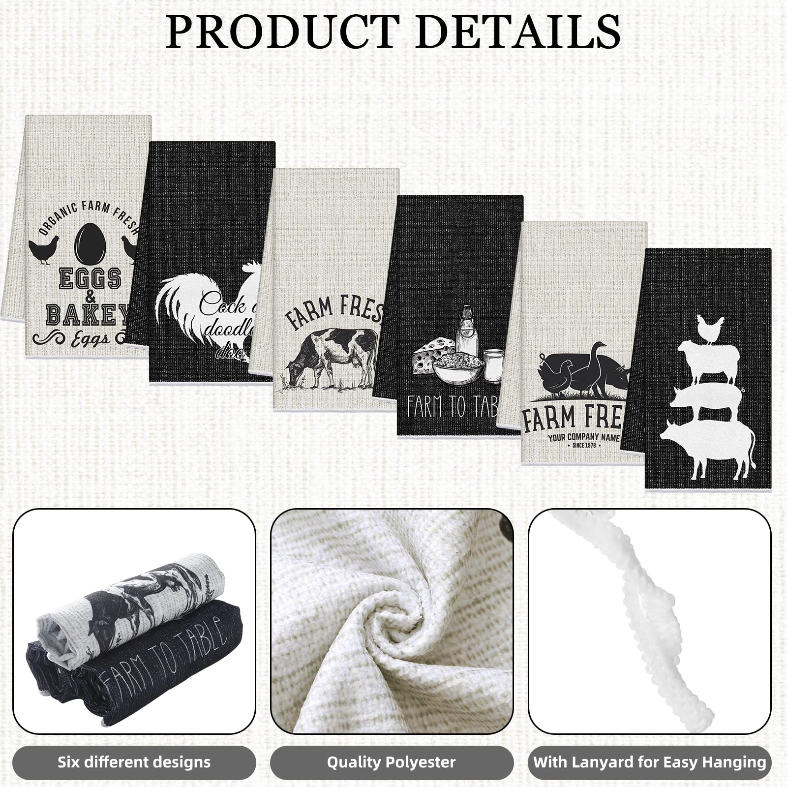 Redbaker 6 Pcs Farm Animal Theme Kitchen Towels Farmhouse Funny Dish Towel Rustic Hand Towels Rooster Cow Pig Decorative Tea Towels Absorbent with Hanging Loop for Kitchen Bathroom Housewarming Gift