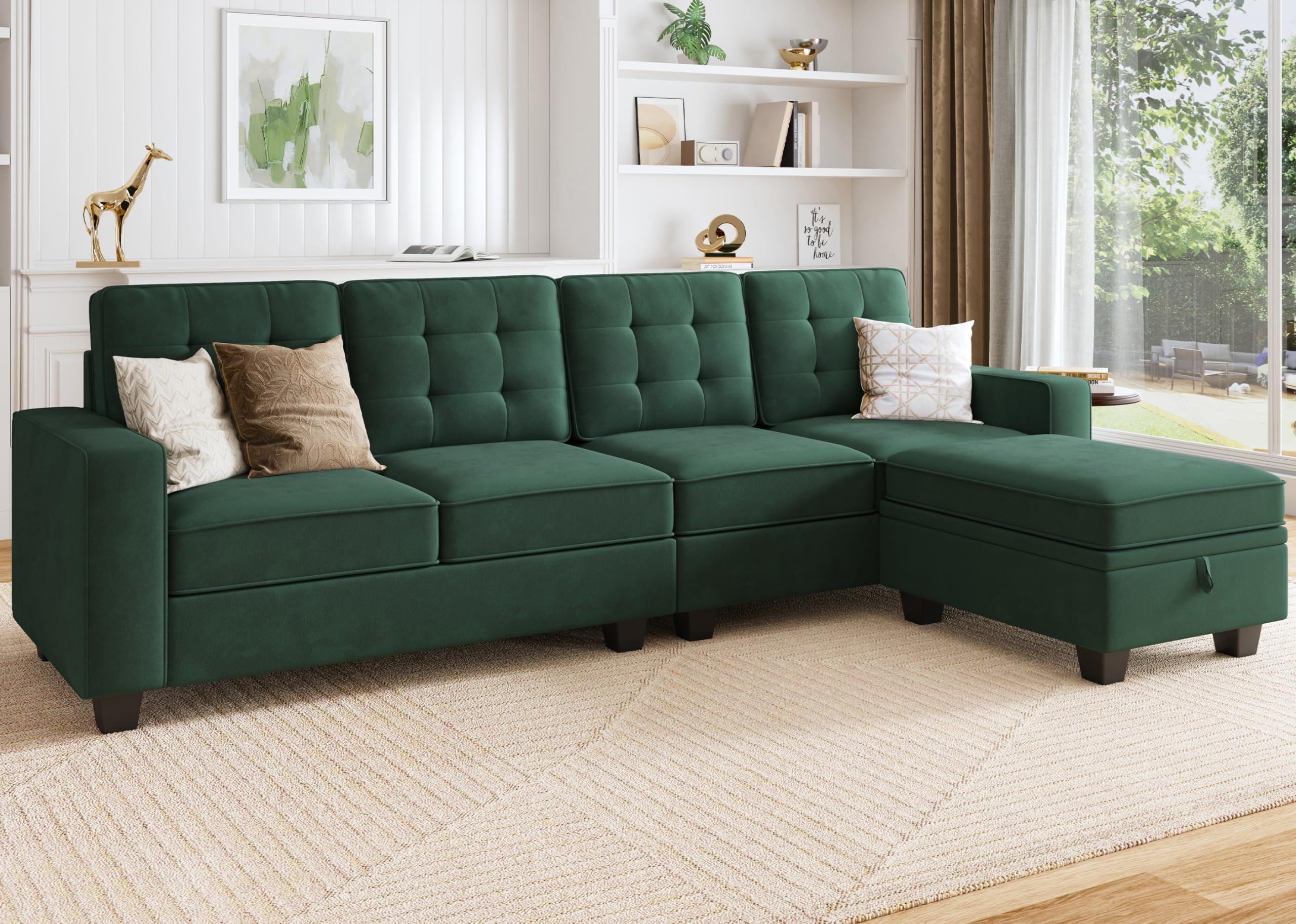HONBAY L Shaped Sectional Couch Velvet 4-Seater Sectional Sofa with Reversible Chaise for Living Room, Green