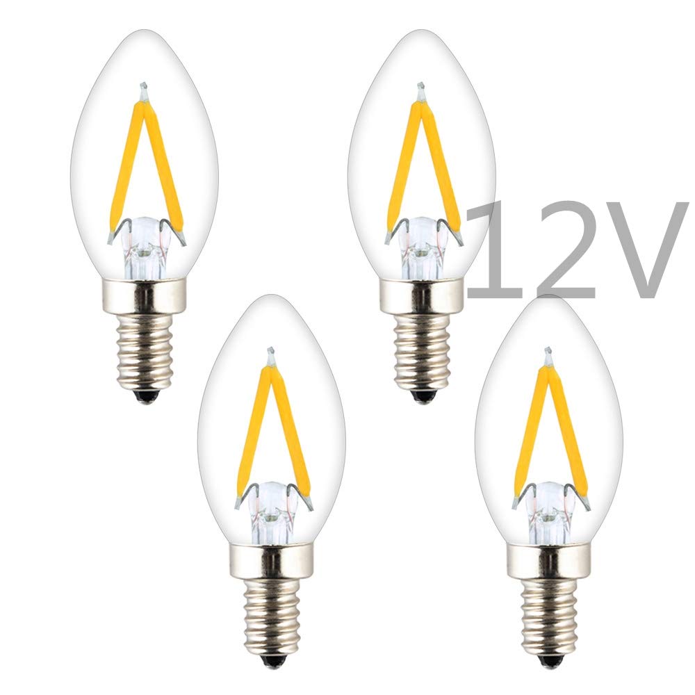 OPALRAY C7 12V-24V DC 1W LED Mini Candle Bulb, 12 Volts Low Voltage Input, RV Lighting Cabin Light, Warm White 2700K, 150LM 15W Incandescent Equivalent, for 12Volt Power, Mini Torpedo Shape, 4-Pack