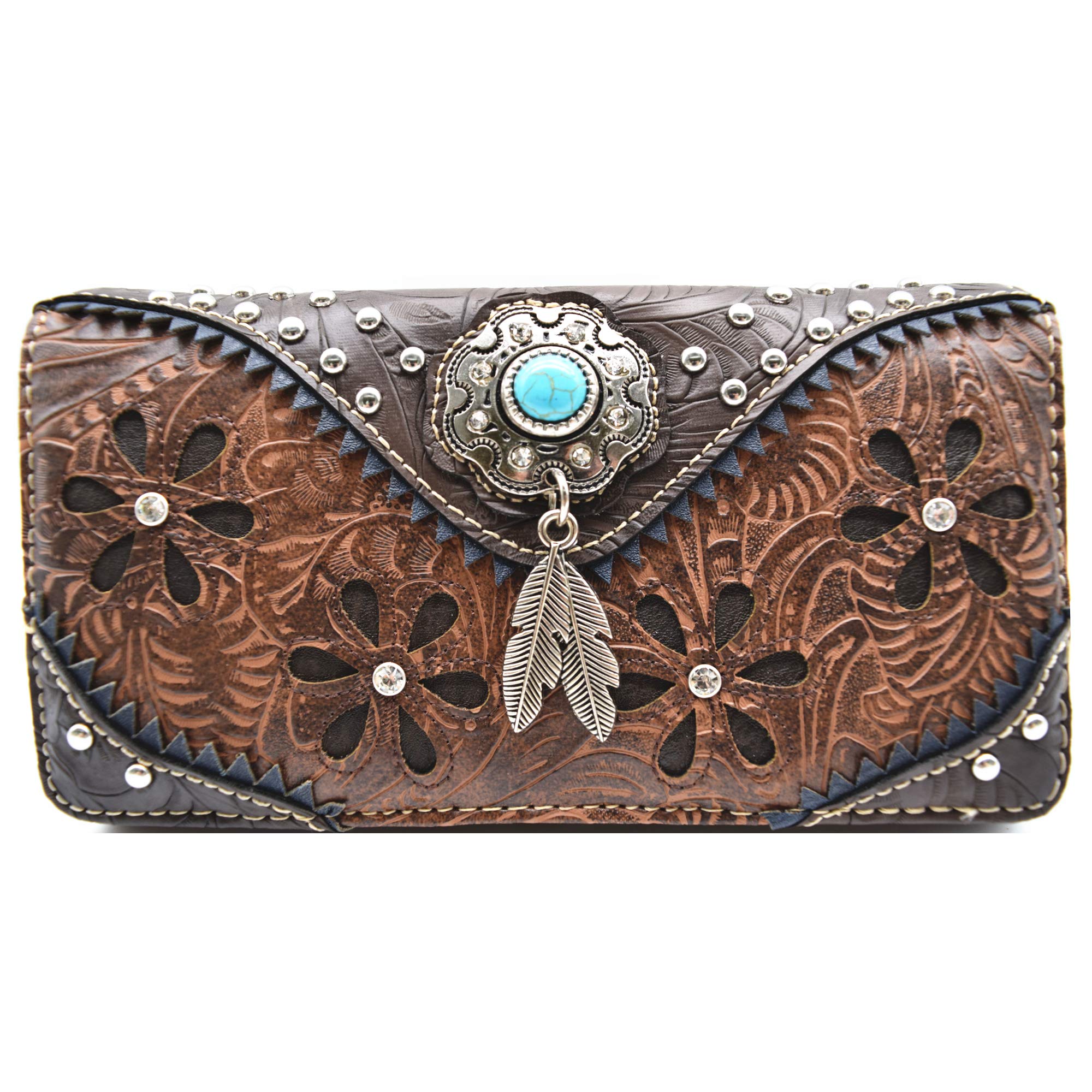 Western Feather Tooled Leather Floral Laser Cut Flower Purse Studs Single Shoulder Bag Clutch Women Trifold Wristlets Wallet (Coffee)