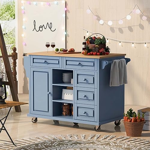 OTRIEK Kitchen Island, Kitchen Cart for Home with Rubber Wood Desktop, Rolling Serving Utility Trolley Cart on Wheel with Storage and 5 Draws, Kitchen Serving Cart for Dining Room, Bar (AAG-Blue)