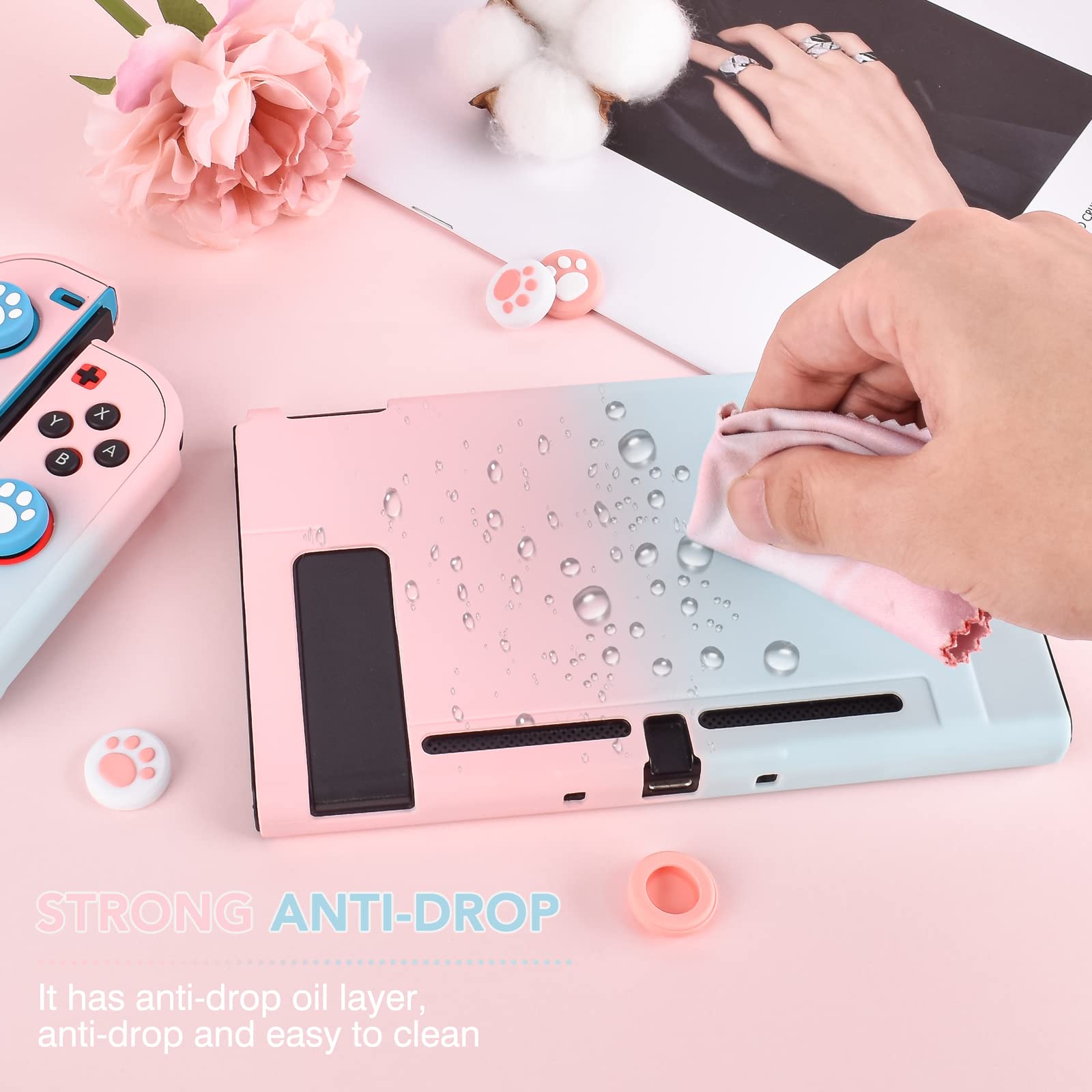 DLseego Protective Case for Switch and Joy Con Controllers Dockable Slim Cover With 2PC Glass Screen Protector and 6 Cute Cats Claw Thumb Grip Caps – Pink and Purple