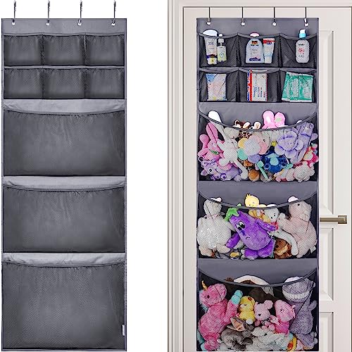 VICTORICH Stuffed Animal Storage, Over Door Organizer for Stuffed Animals Holder, Stuffed Animal Net Hammock with 4 Pockets for Baby Accessories, Toy Plush Storage, Kids Bedroom Organization, Grey