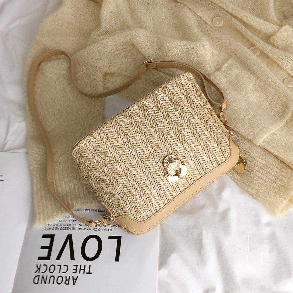 Fashion Straw Crossbody Bag Woven Boho Beach Holiday Women Shell Shoulder Bags, Light Brown, 21 x 18 x 5cm