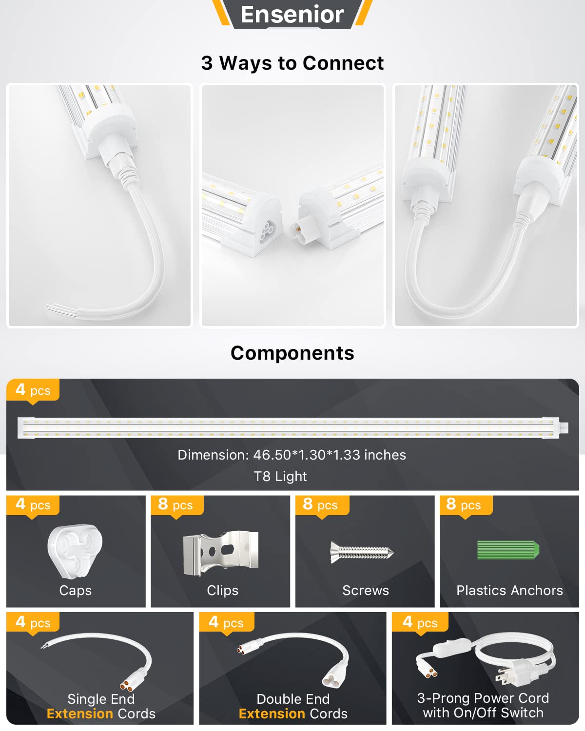 Ensenior 6 Pack 4 FT Led Shop Lights, 6000K Clear White, 5000LM Super Bright, 36W Equivalency 468W, Commercial Bay Lighting, U-Shaped Linkable Shop Lights Plug in for Garage, Workshop, FCC Certified