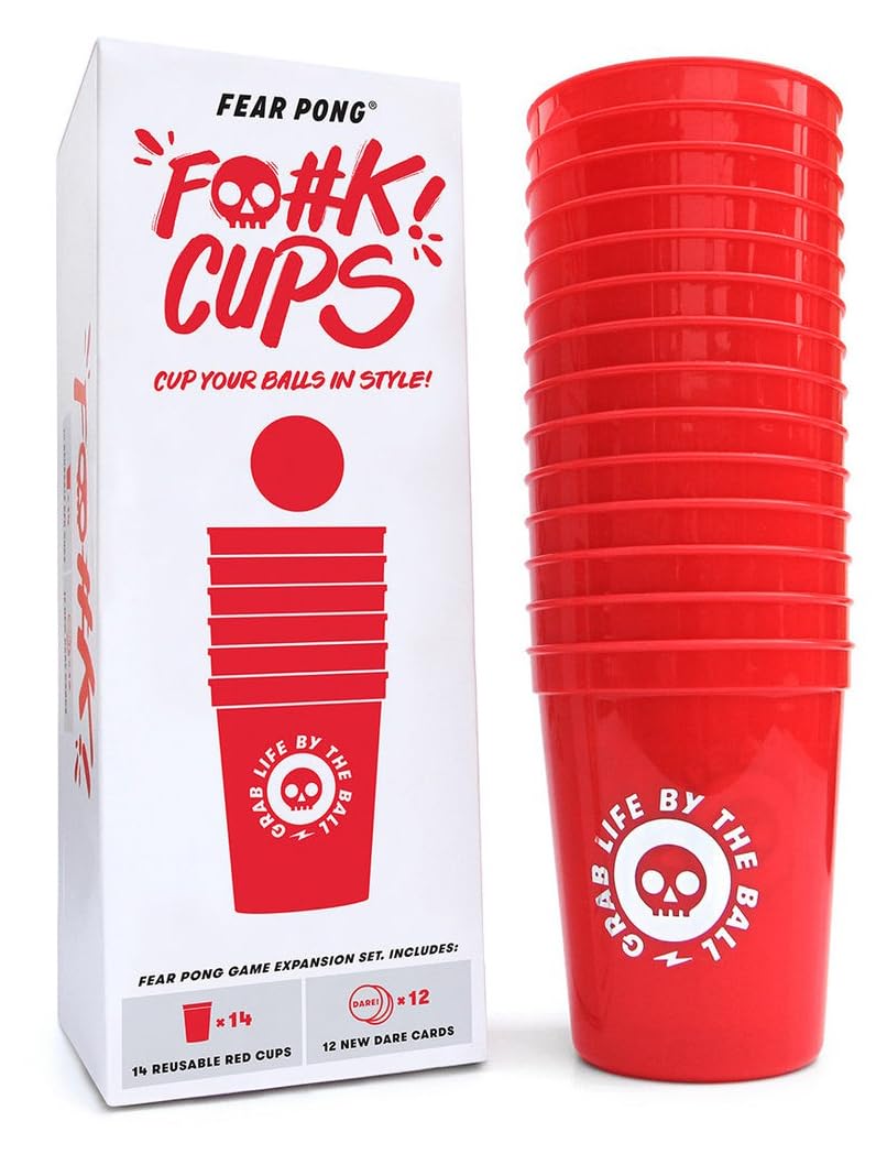 Fear Pong: F@#KCUPS β Add-on for Beer Pong Games β 14 Reusable Red Cups + 12 Extra Dares β The Perfect Accessory for Parties and Game Night