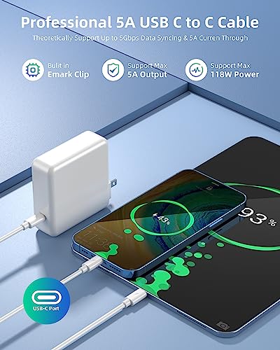 Mac Book Pro Charger - 118W USB C Fast Charger Power Adapter Compatible with USB C Port MacBook Pro, MacBook Air, New iPad Pro and All USB C Device, 7.2ft USB-C to C Charge Cable, White