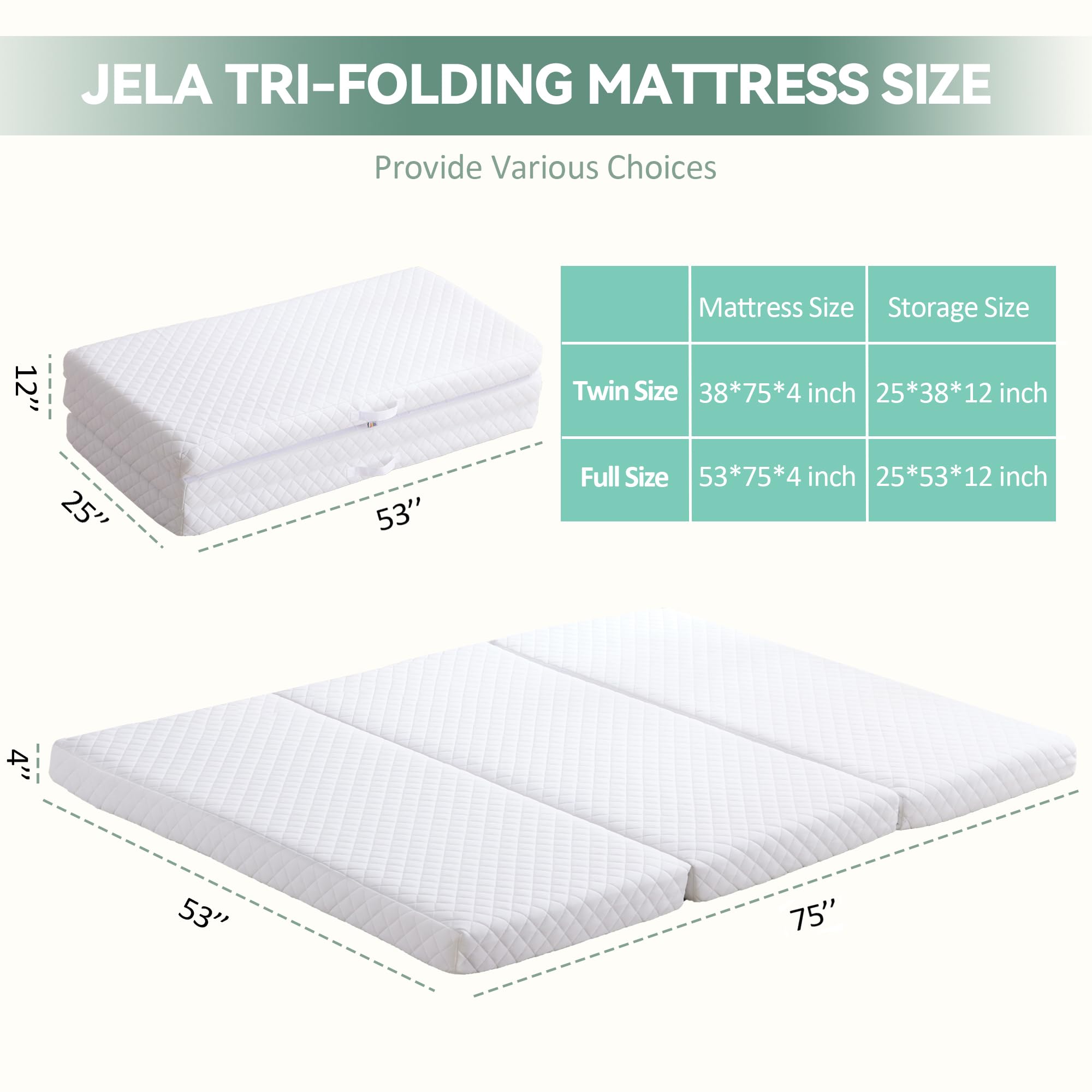 jela Foldable Mattress Trifold Mattress Full Size, Waterproof Folding Mattress Memory Foam 53"x75"x4", 4 inch Waterproof Floor Bed with Storage Bag, tri Folding Mattress for Guest Bed, RV, Camping