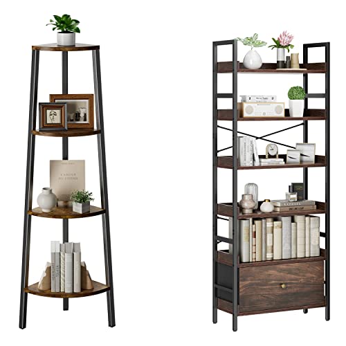 Pipishell Bookshelf, 6-Tier Bookcase with Storage Drawer, Tall Bookshelf Storage Rack with Metal Frame & Wood Grain Finish, Industrial Bookshelf for Living Room, Bedroom, and Home Office, PIBS02WN