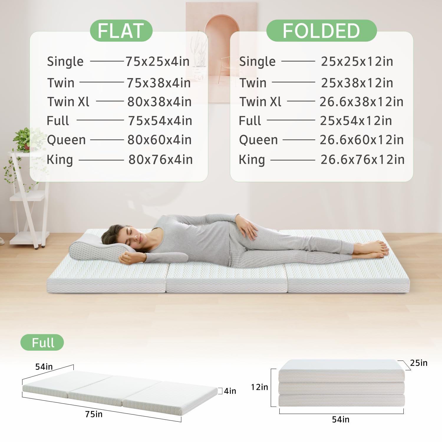 MUUEGM Folding Mattress, 6 Inch Tri-fold Memory Foam Mattress, Fordable Mattress with Removable Cover, Trifold Mattress Topper for Camping&Indoors,CertiPUR-US Certified,Full Size