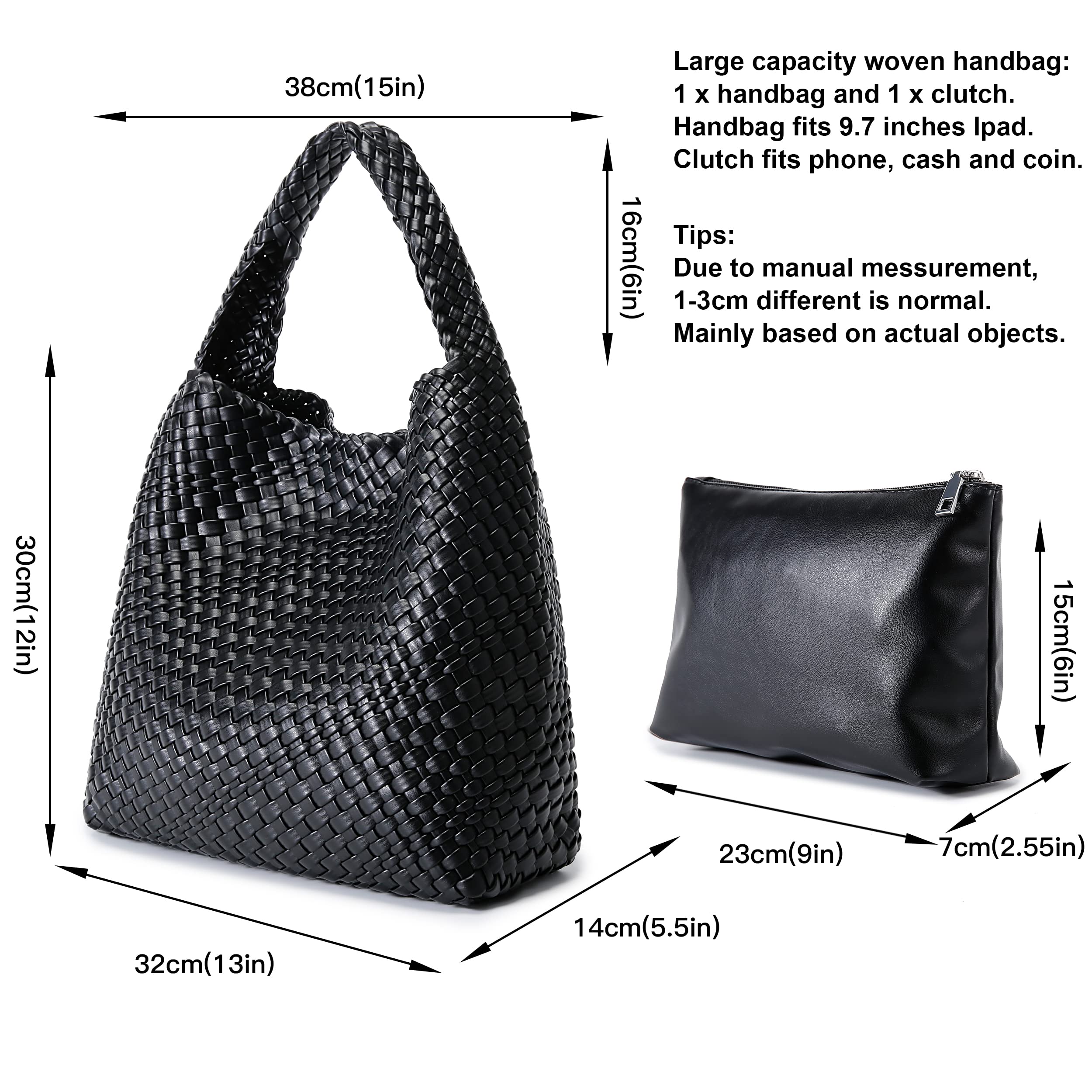 Fashion Woven Purse for Women Top-handle Shoulder Bag Soft Summer Hobo Tote Bag (Black)