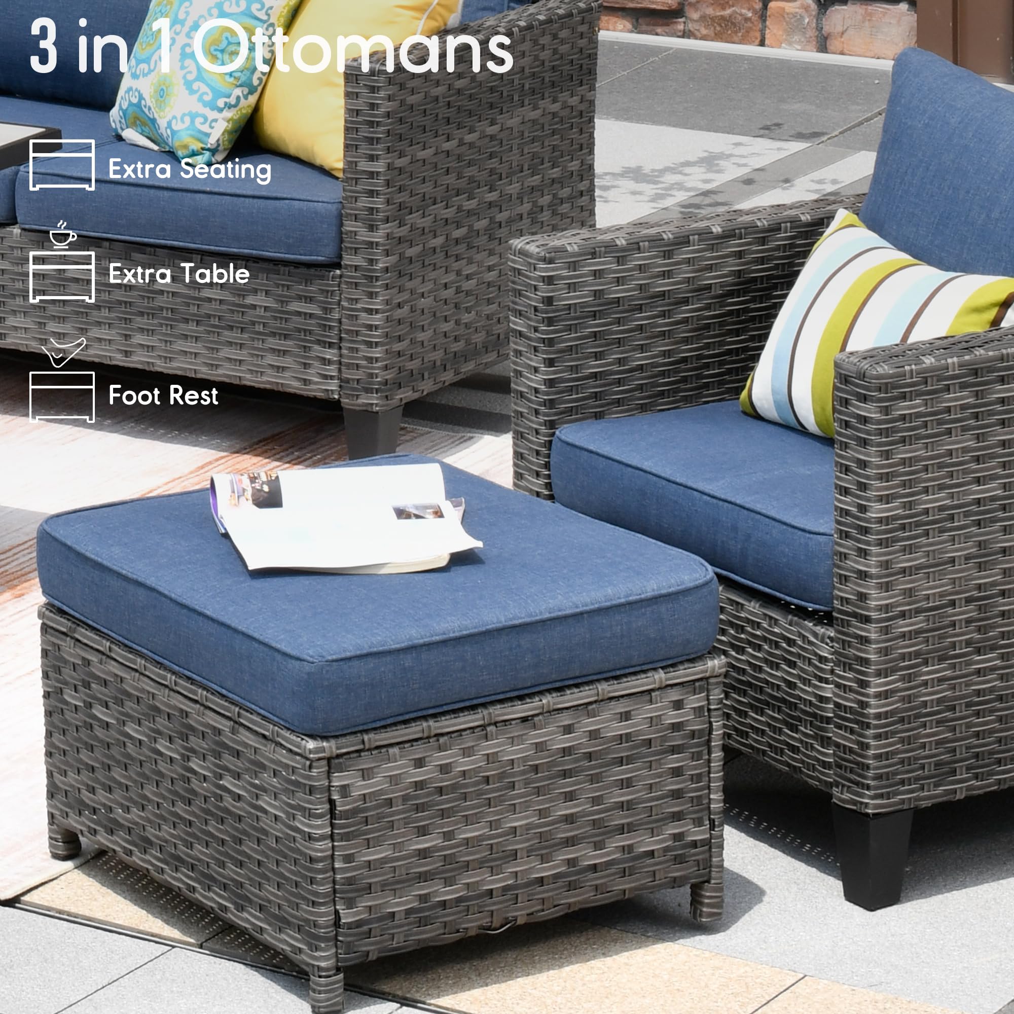 HOOOWOOO Patio Furniture Set,8 Piece Outdoor Furniture with Fire Pit Table,Wicker Patio Conversation Couch Chairs Ottoman Set,Denim Blue