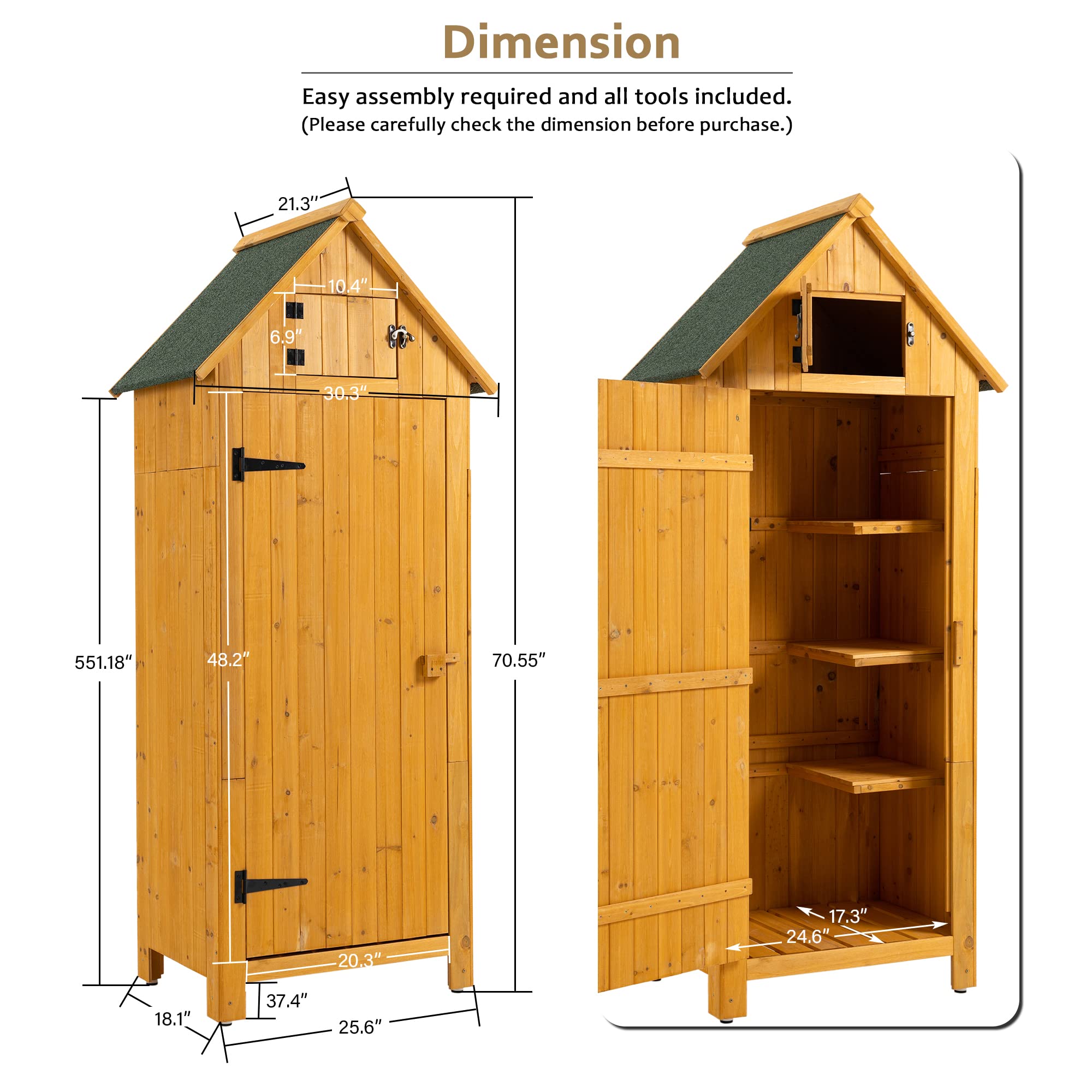 Tmsan Outdoor Storage Cabinet, Small Vertical Tool Shed, Waterproof Wood Box for Patio, Garden, Backyard, Natural