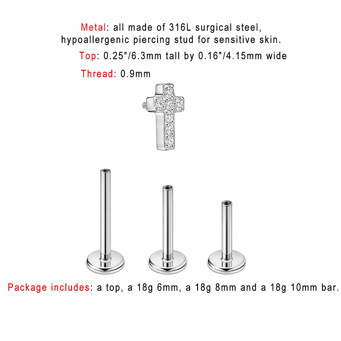 Cross Stud Religious Cross Earrings Stud Surgical Steel Silver Cartilage Earring Conch Piercing Jewelry Helix Earrings Tragus Earrings Clear CZ End with 18g 6mm 8mm 10mm Internally Threaded Posts