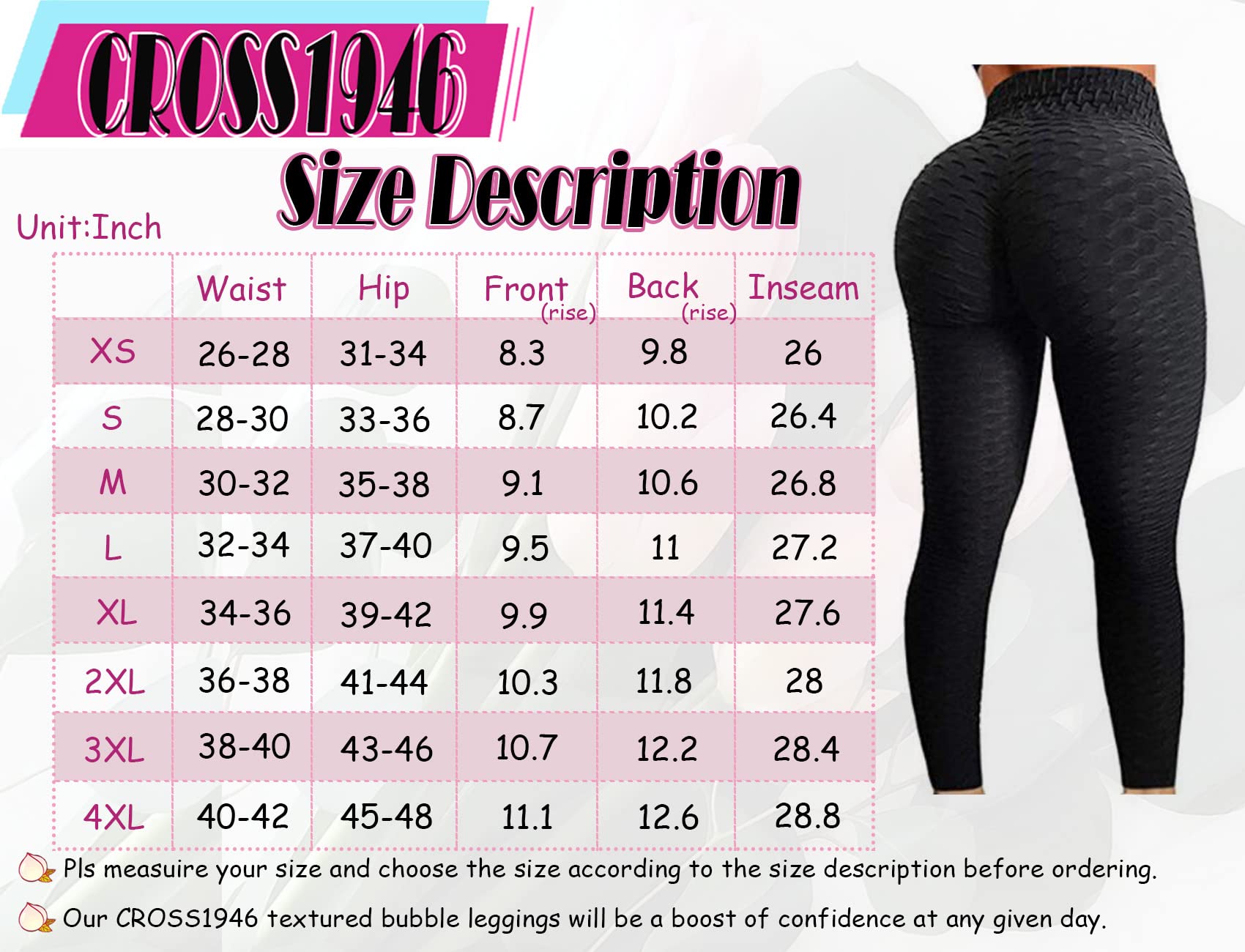CROSS1946 Legging for Womens High Waist Textured Booty Yoga Pants Butt Lifting Ruched Workout Tummy Control Push Up #1 Texture Black M