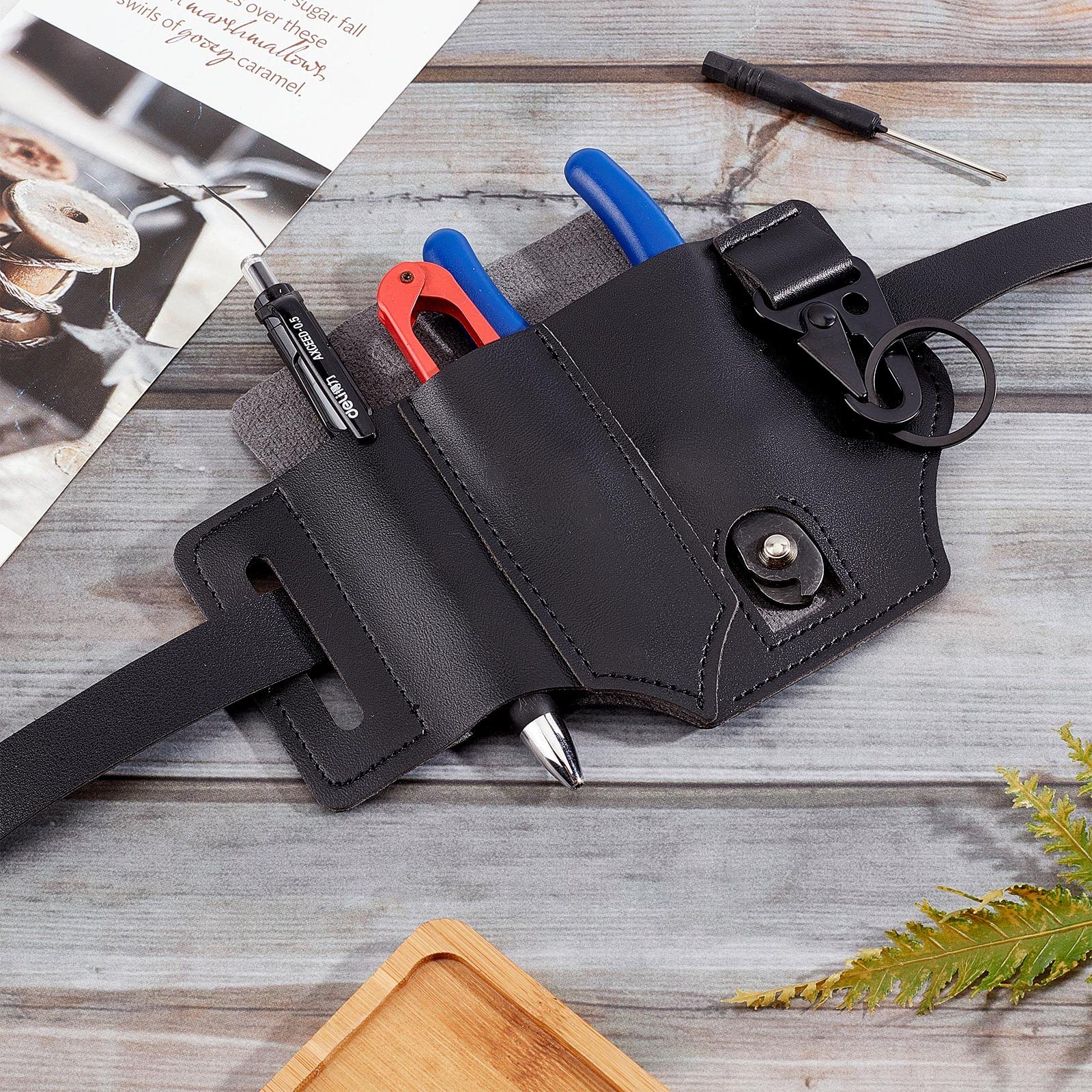 GORGECRAFT Multitool Sheath for Belt EDC Leather Belt Pocket Organizer Holster Flashlight Leatherman Sheath Pen Pouch Holder Keychain Clip Practical Belt for Men Key Fob Clip(Brown