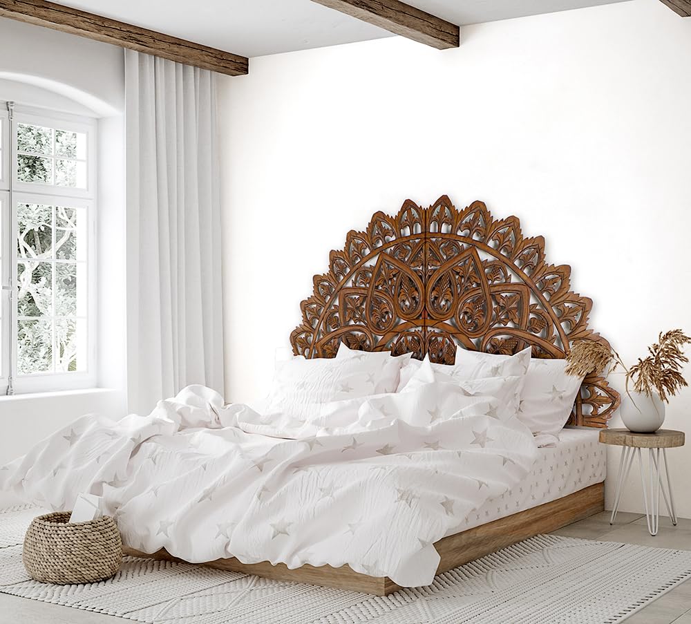 Half Moon Queen Wood Headboard Brown | Carved Full Headboard Only | Wooden Headboard Full Size Bed | Wall Mount Headboard Queen | Full Bed Headboard Panels (Mahkota Dark Brown, Queen)